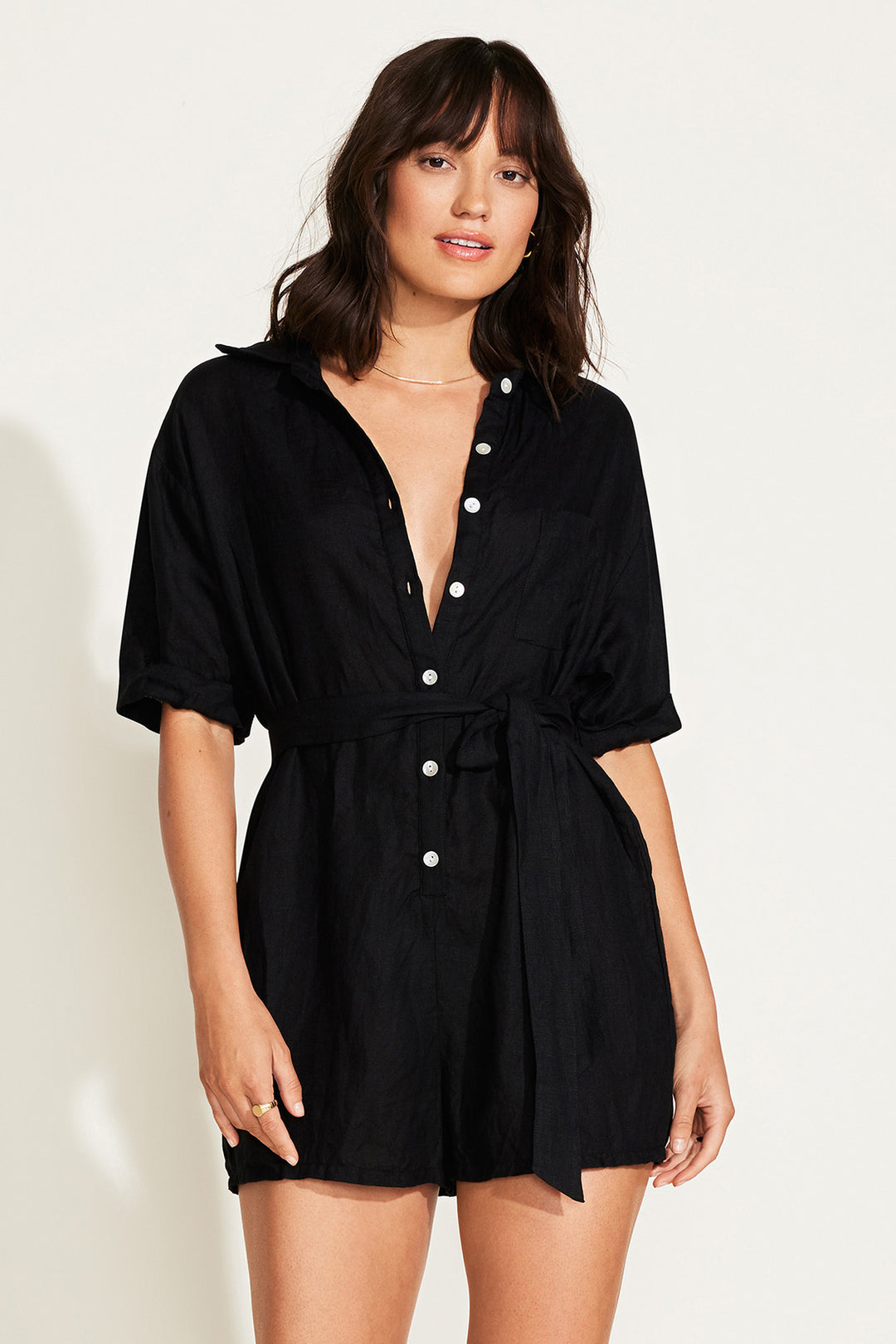 Vitamin A Playa Linen Short Romper Black EcoLinen