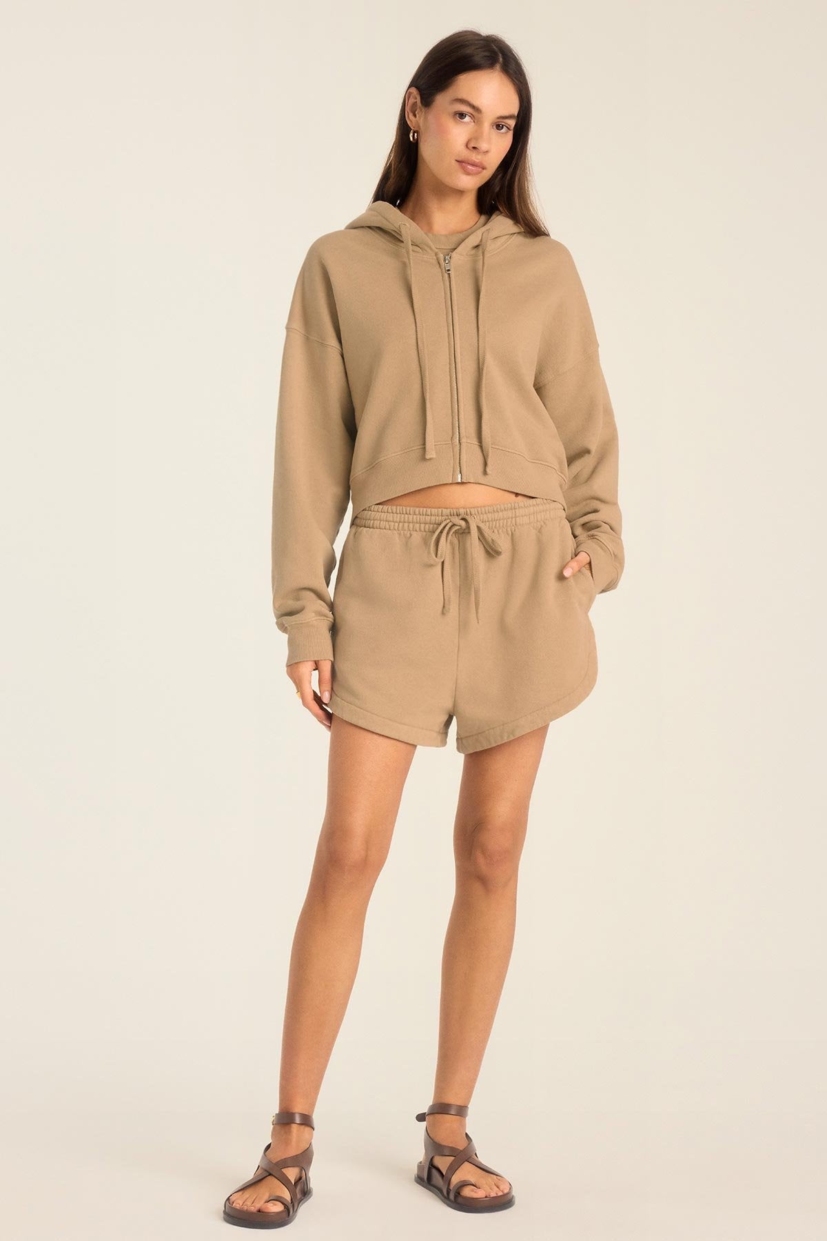 Dawn Crop Hoodie - Latte French Terry – Vitamin A